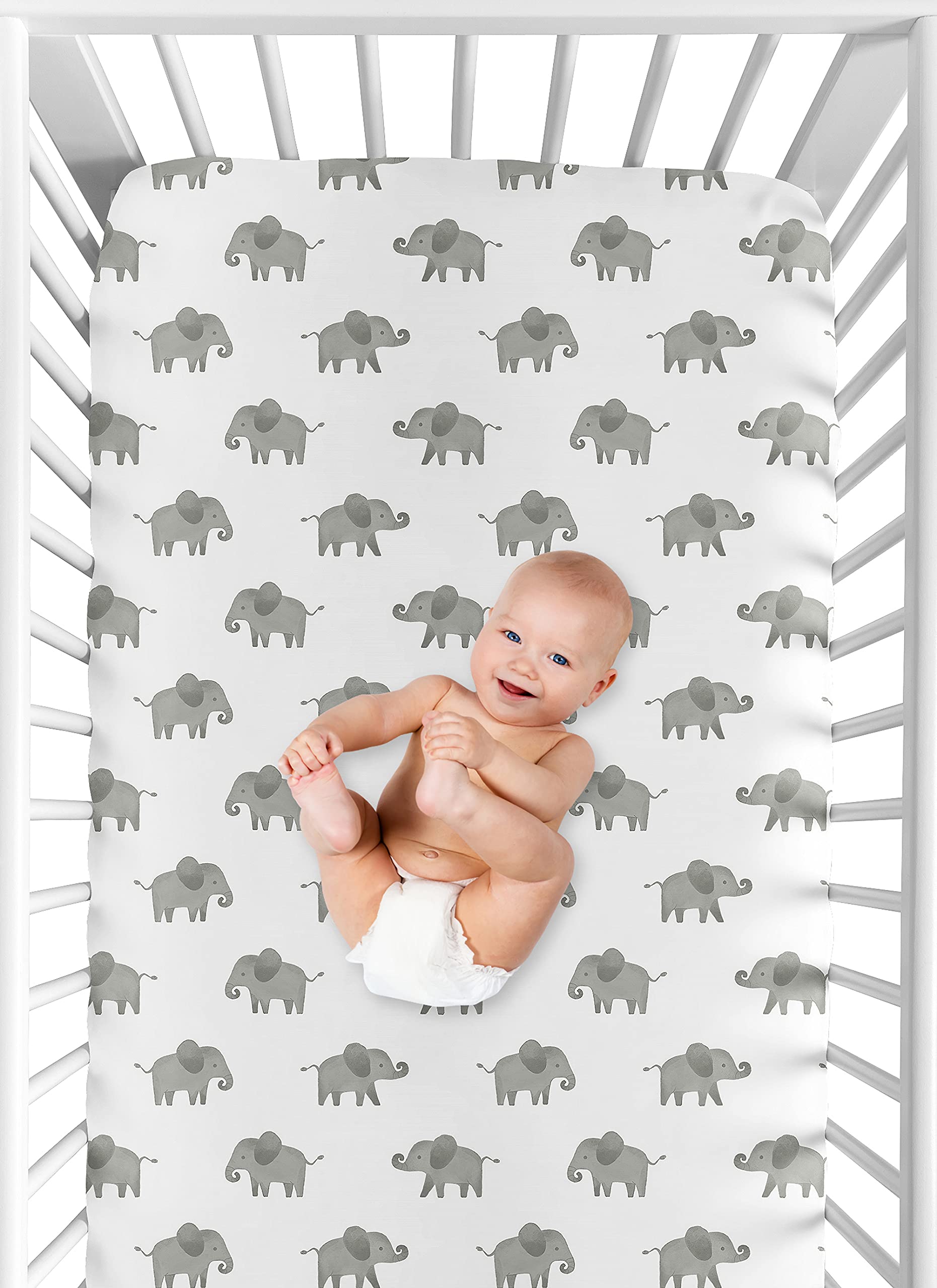 Sweet Jojo Designs Grey and White Baby or Toddler Fitted Crib Sheet for Mint Watercolor Elephant Safari Collection