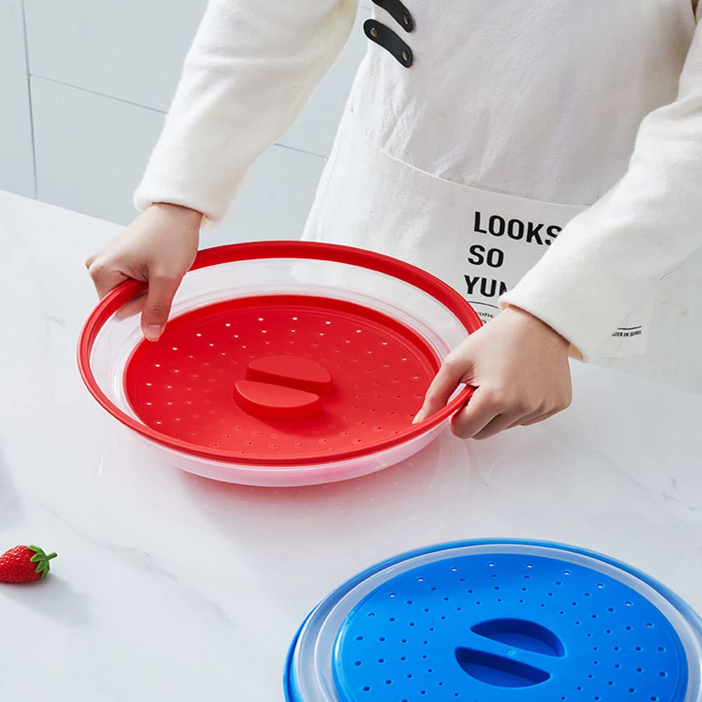 Collapsible Microwave Splatter Cover For Food With Silicone Mats, 10.5 Inch, Dishwasher-safe, Microwave Plate Cover With Steam Vent,BPA-Free Silicone & Plastic (2 PCS,blue & red)