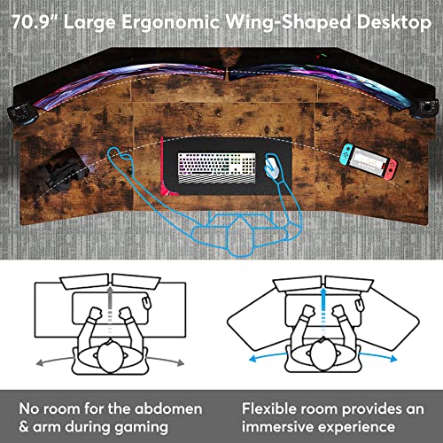 LITTLE TREE 70.9" Large Computer Desk Home Office Desk Wing-Shaped Gaming Studio Desk, Rustic Brown