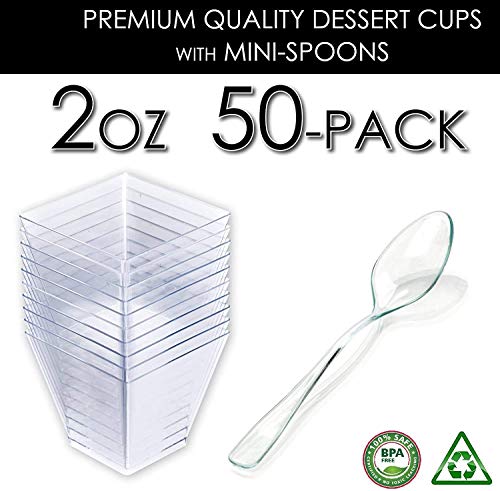 DLux 50 x 2oz Square Mini Dessert Cups with Spoons, Clear Plastic Parfait Appetizer Cup - Small Reusable Serving Bowl for Tasting Party Desserts Appetizers - With Recipe Ebook