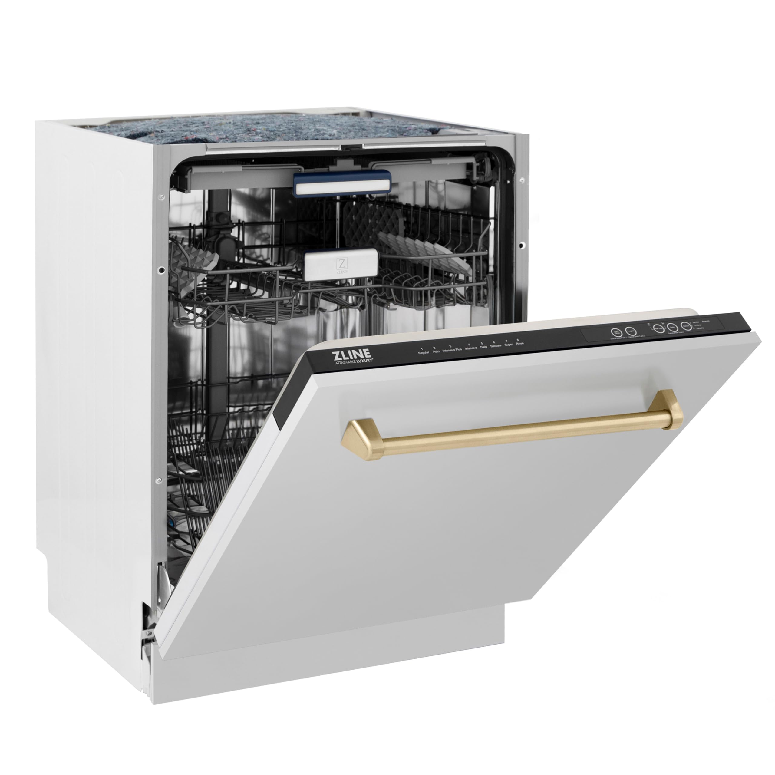 ZLINE Autograph Edition 24" 3rd Rack Top Control Tall Tub Dishwasher in Stainless Steel with Champagne Bronze Handle, 51dBa (DWVZ-304-24-CB)