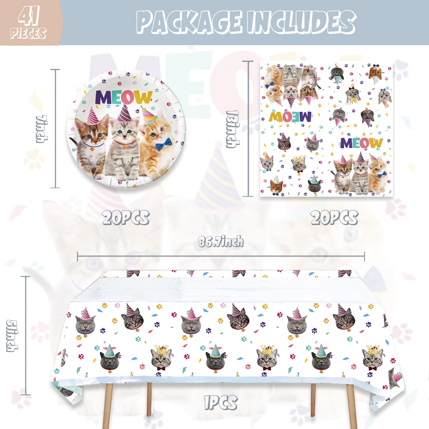 41pcs Cat Party Supplies ,include 20 Plates, 20 Napkin and 1pcs Tablecloth,Used for Birthday Party Decoration (Cat EEE)