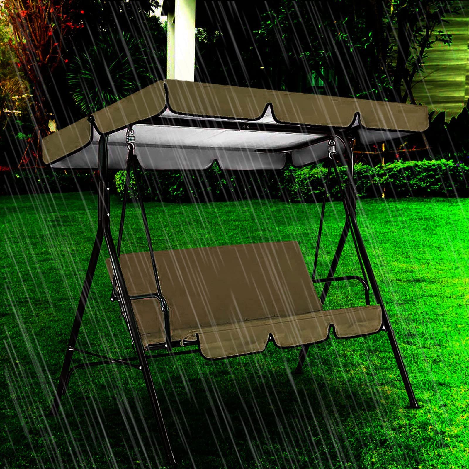 Swing Canopy with Seat Cushion Cover Set - Waterproof Polyester Top Swing Replacement Canopy Cover UV Block Sun Shade for Outdoor Garden Patio Yard Park Porch Balcony Backyard Swing Seat (Beige)