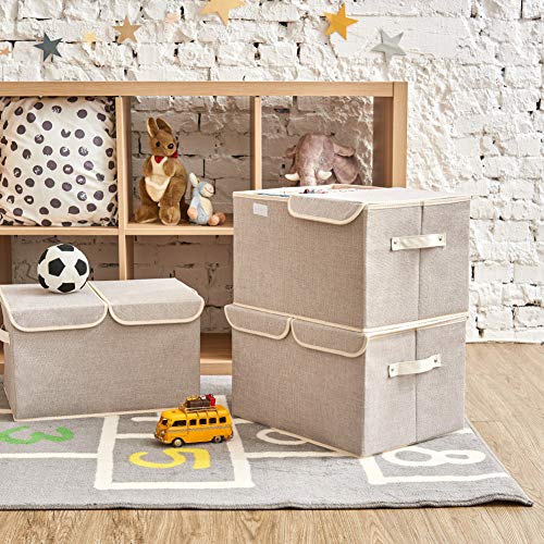 EZOWare Large Storage Boxes [3-Pack] Large Linen Fabric Foldable Storage Cubes Bin Box Containers with Lid and Handles for Home Nursery, Closet, Baby Products (Silver Gray)