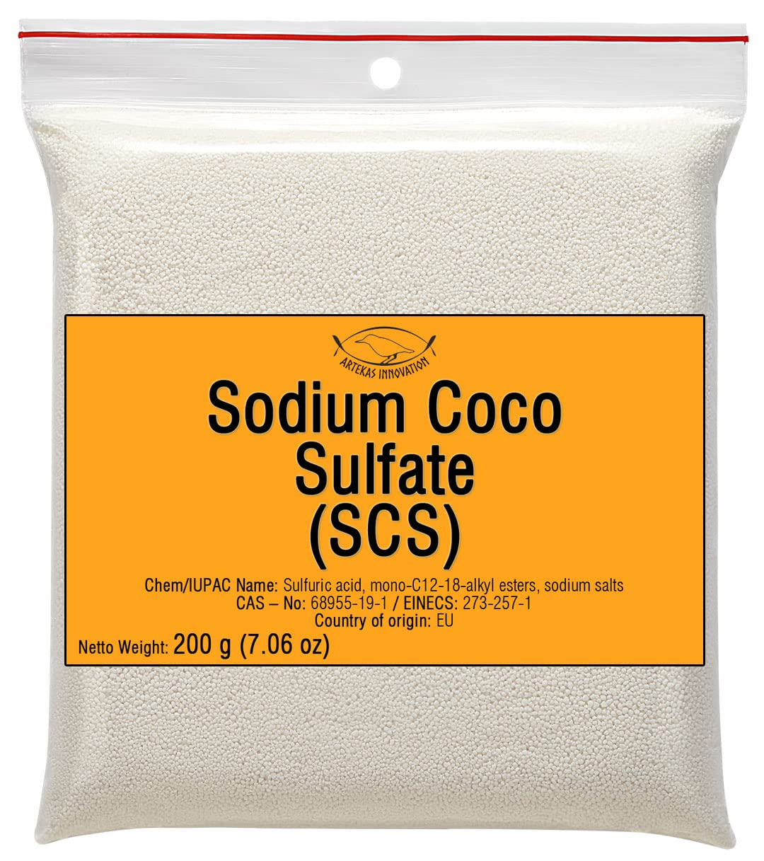 Artekas Innovation - Sodium Coco SULFATE (SCS) - Fine Granules - Anionic, Foaming Surfactant - for Homemade Solid Shampoo Bars, Soap, Foamy, Bubbly Products, Hair, Body - 200 g | 7.06 Oz