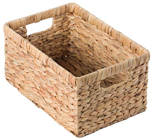 Natural Woven Water Hyacinth Wicker Rectangular Storage Bin Basket with Handles, Medium