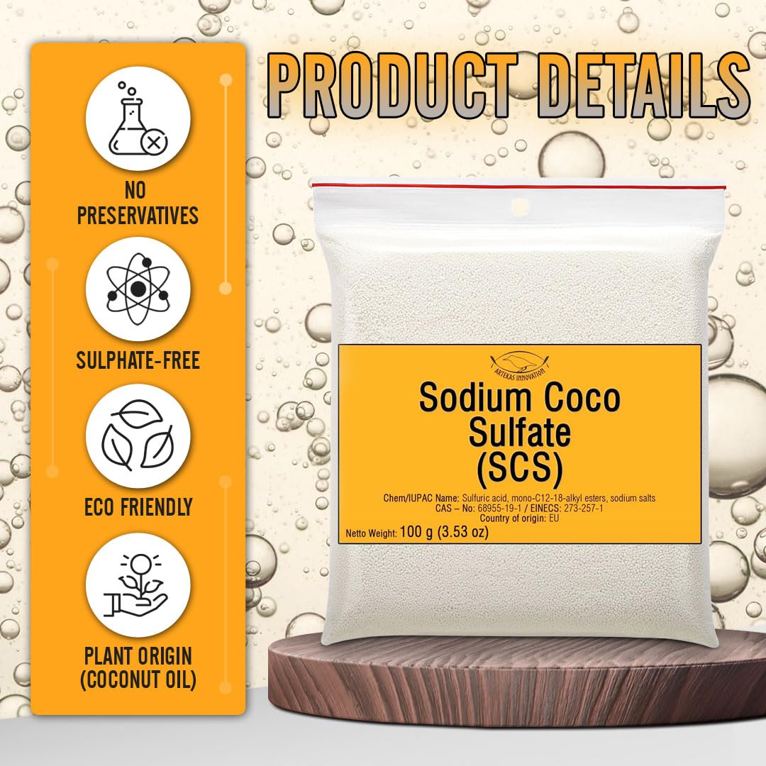 Artekas Innovation Sodium Coco SULFATE (SCS) - Fine Granules - Anionic, Foaming Surfactant - for Homemade Solid Shampoo Bars, Soap, Foamy, Bubbly Products, Hair, Body - 100 g | 3.53 Oz