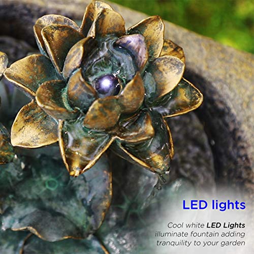 Alpine Corporation 30" Tall Outdoor Pedestal Lotus Rock Waterfall Fountain with LED Lights, Brown/Gray