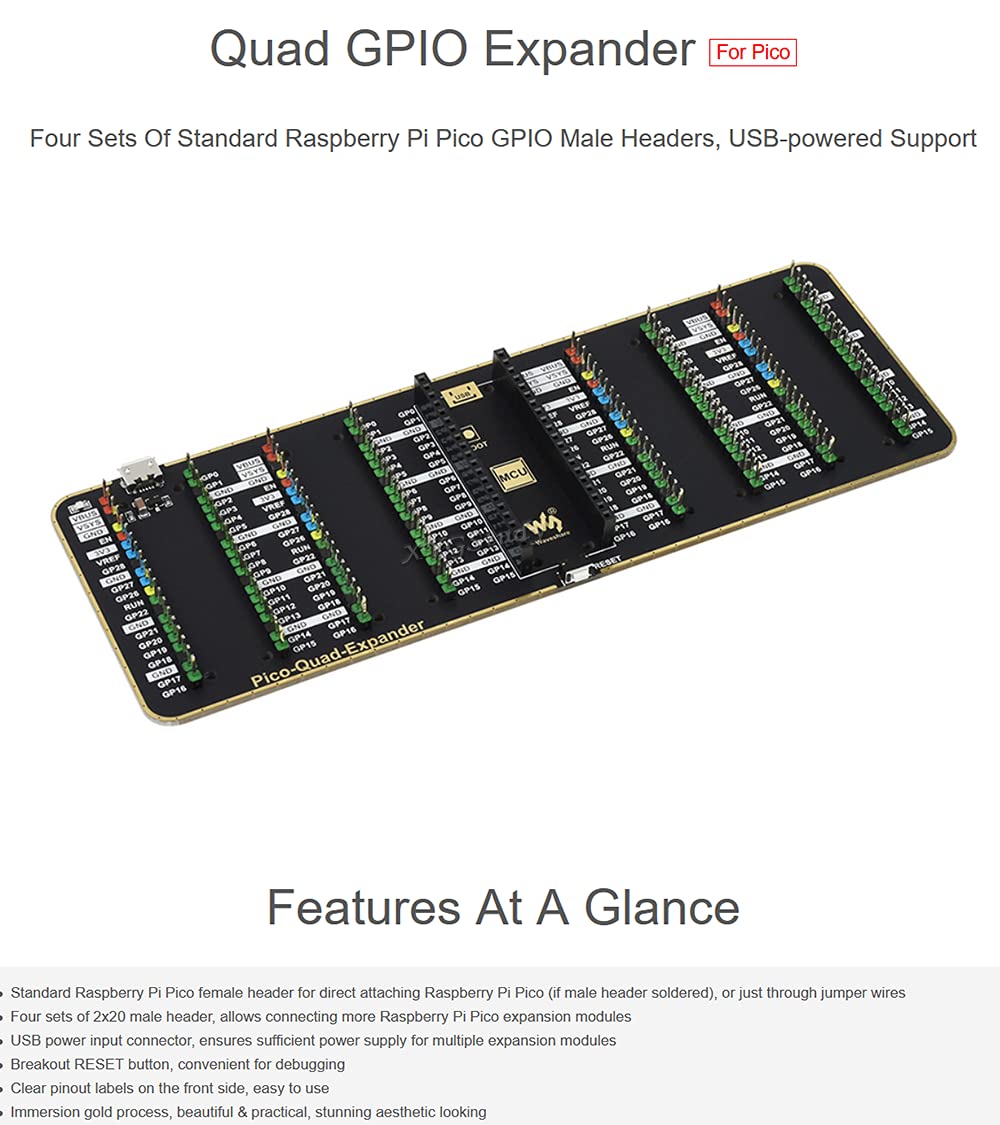 Quad GPIO Expander for Raspberry Pi Pico for Connecting More Expansion Modules Four Sets of Male Headers USB-Powered Support @XYGStudy (Pico-Quad-Expander)