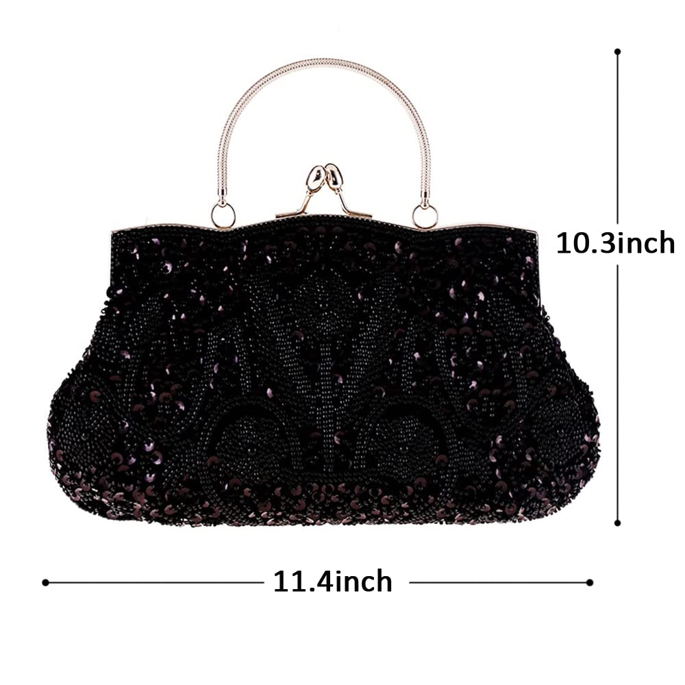 Gionforsy 1920s Flapper Handbag Evening Clutch Bag for Wedding Cocktail Dance Party Roaring 20s Gastby Beaded Bag (Style2-Black)