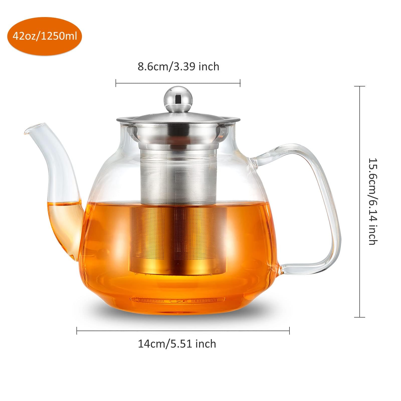 42oz/1250ml Glass Tea Kettle,Glass Teapot with Removable Stainless Steel Infuser, for Blooming and Loose Leaf Tea, Stovetop & Microwave Safe Tea Pot, Tea Maker's Choice