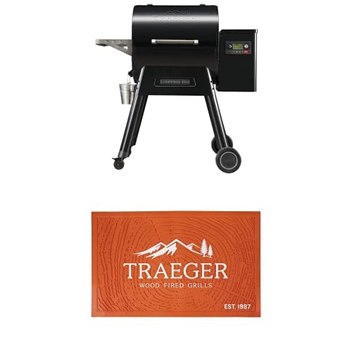 Bundle of Traeger Grills Ironwood 650 Wood Pellet Grill and Smoker with WIFI Smart Home Technology, Black + Traeger Pellet Grills BAC636 Grill Mat, Orange
