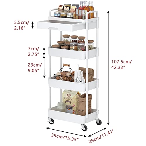 Dttwacoyh 4-Tier Rolling Cart,Trolley with Drawer, Kitchen Storage Organizer with Plastic Shelf & Metal Wheels, Storage Cart for Living Room, Kitchen, Office, Bathroom, White