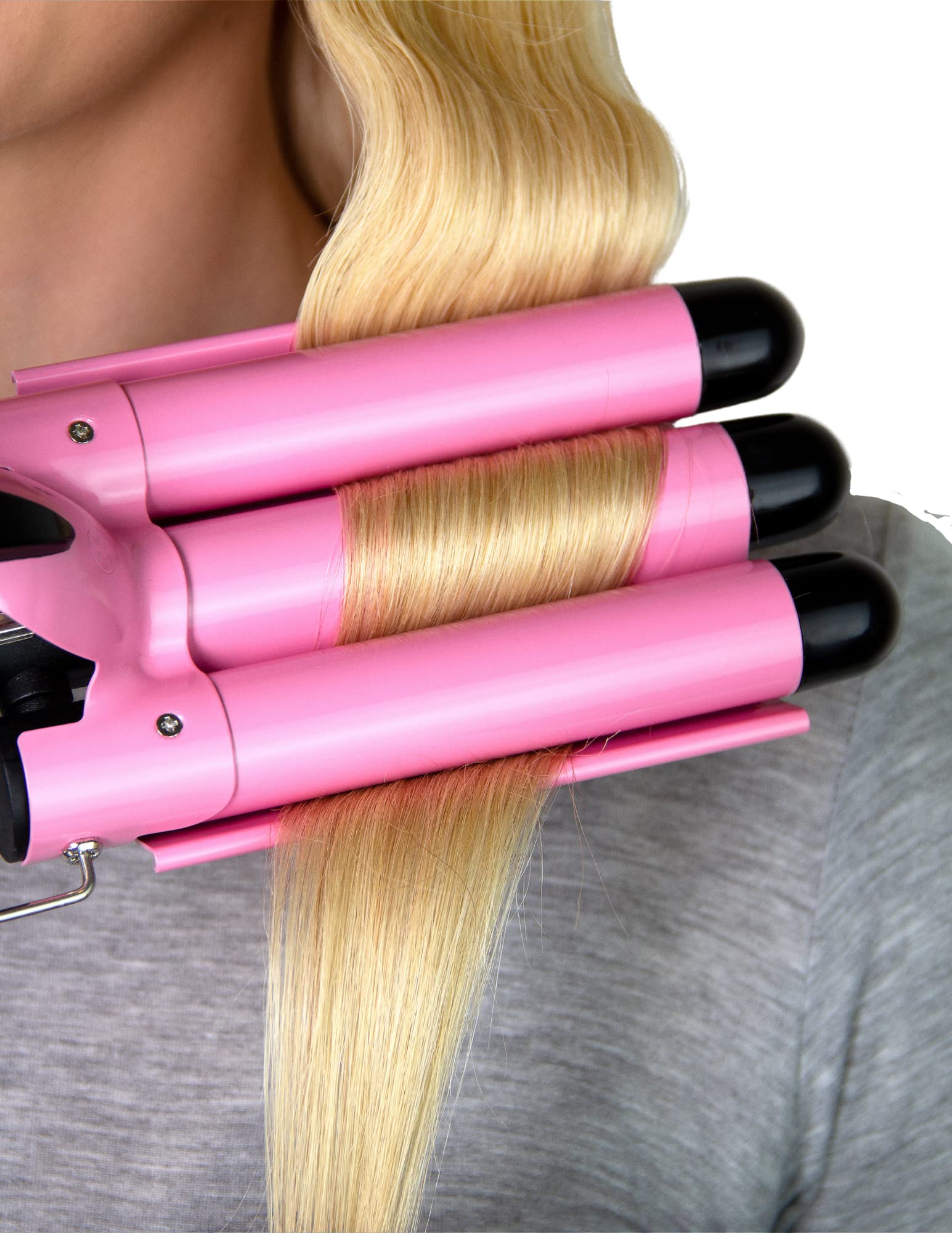 Trademark Beauty Three Barrel Hair Waver, Curling Iron, 1 Inch, Beach Waves, Quick Heat, Babe Waves Original, Adjustable Temperature Hair Curler - Pink