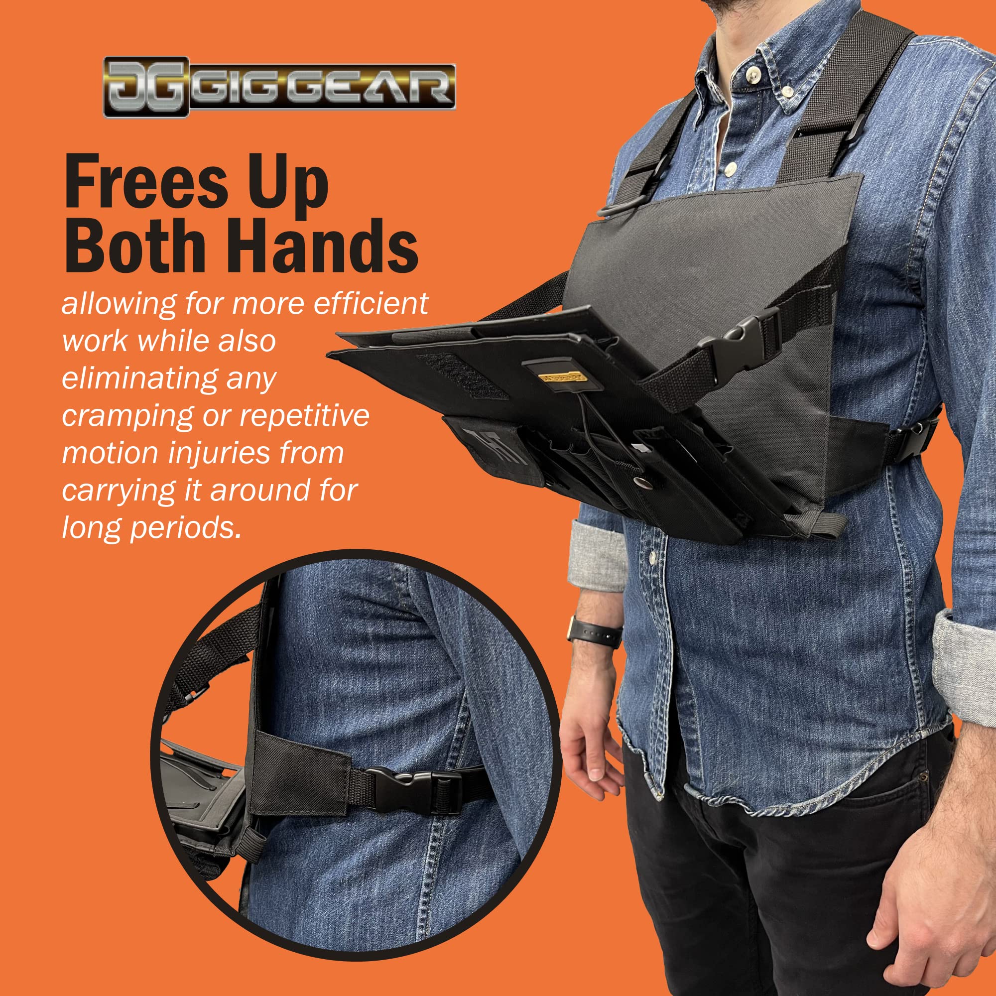 Gig Gear Two Hand Touch Tablet Chest Harness for iPad and Samsung Tablets - Rugged Tablet Carrying Case with Strap and Compartments - Heavy Duty iPad Chest Mount for 12.9 Inch Mobile Device (Black)