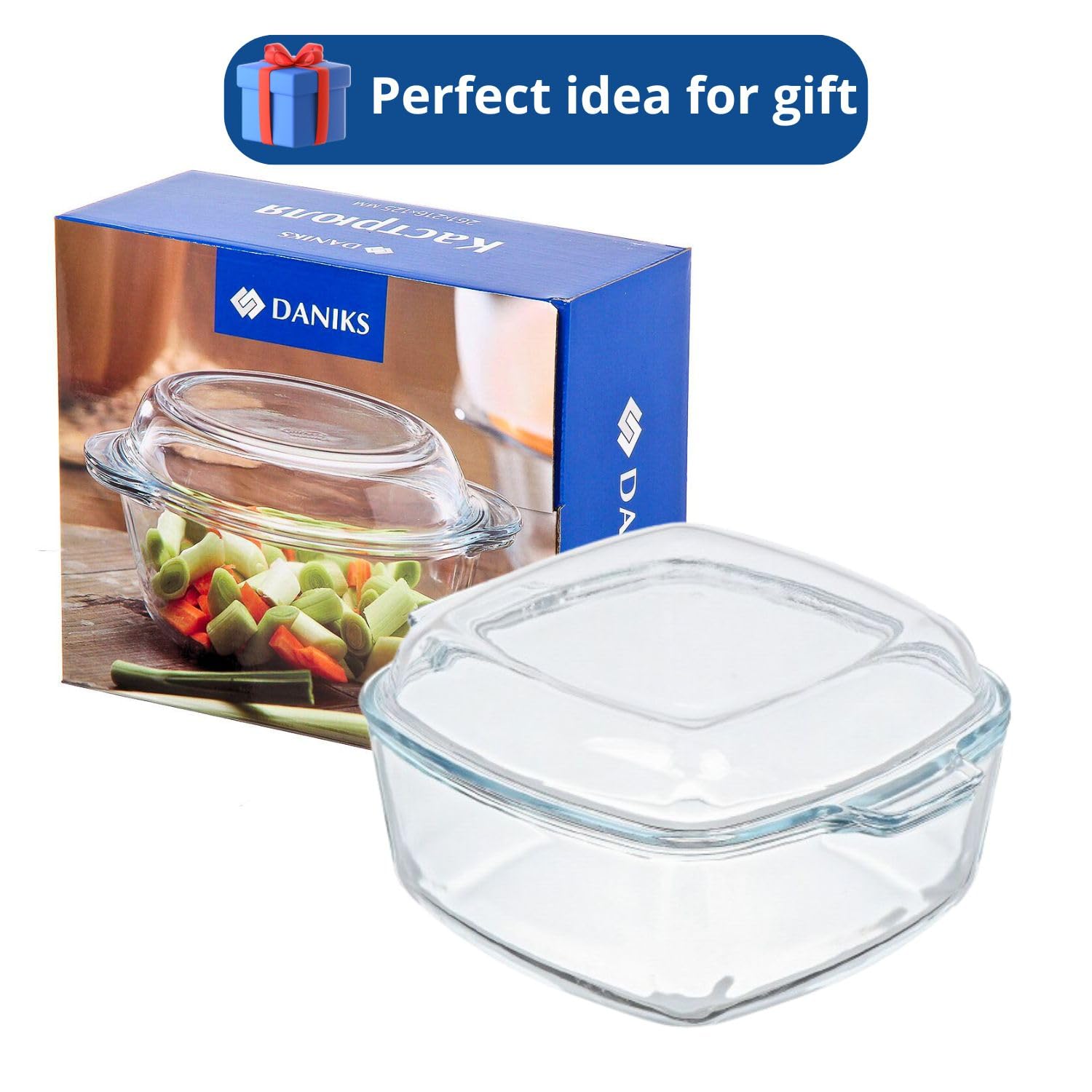 Daniks 2-in-1 Glass Baking Dish with Borosilicate Glass Lid | 2.6 Quart Glass Casserole for Cooking | Microwave, Oven and Dishwasher Safe Pan 8.3x10in Bakeware | Square