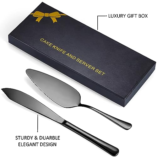 Black Cake Cutting Set with Luxury Gift Box,Stainless Steel Black Cake Pie Pastry Servers, Black Cake Serving Set, Elegant Cake Knife and Server Set Perfect For Wedding, Birthday, Parties and Events.