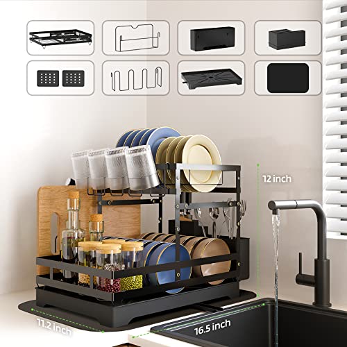 BBXTYLY Large Dish Drying Rack, 2 Tier Collapsible Dish Racks with Drainboard,Drainage, Wine Glass Holder, Utensil Holder and Extra Drying Mat, Dish Drainers for Kitchen Counter (Black)