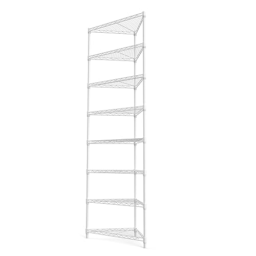 8 Tier NSF Corner Wire Shelf Shelving Unit, 20 x 20 x 82 Inch 400lbs Capacity Heavy Duty Adjustable Triangle-Shape Metal Storage Rack with Leveling Feet for Office Kitchen Bathroom and More - White