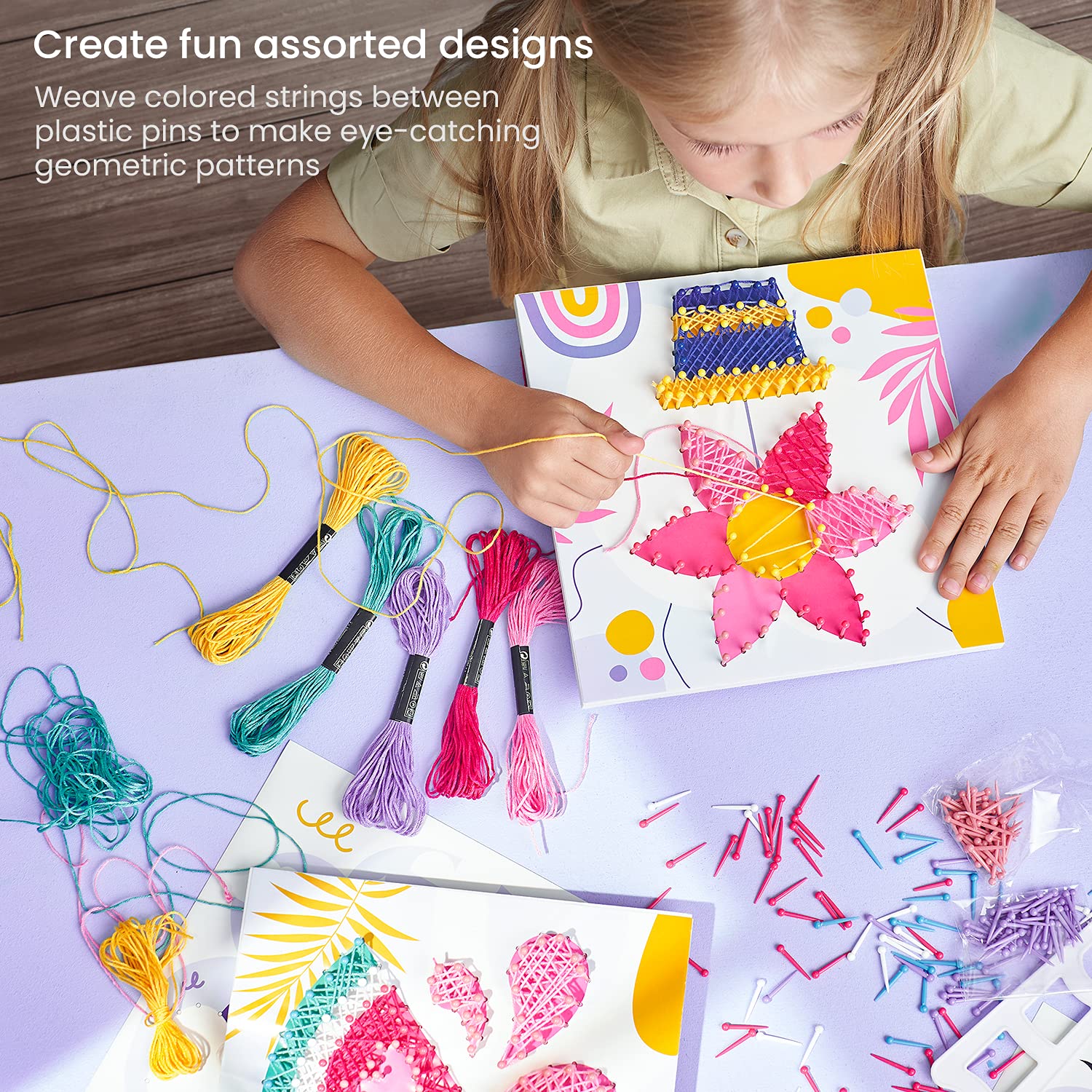 Arteza Kids String Art Kit, Set of 5 Assorted Designs, Plastic Pushpins, Art Supplies for Kids Craft Projects and Free Time Activities