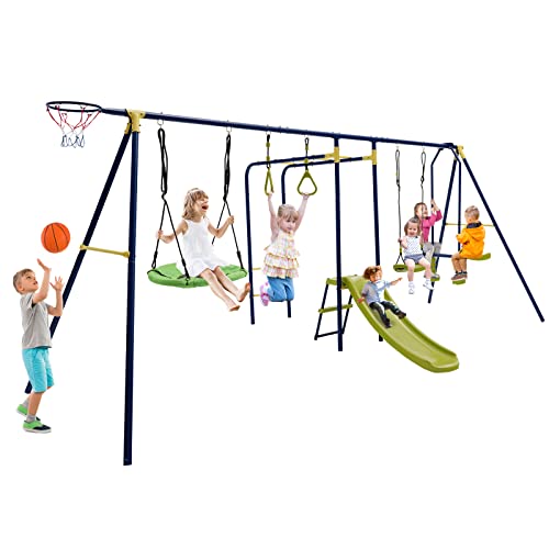Costzon 660 lbs Swing Sets for Backyard, 7-in-1 Heavy Duty Extra Large Metal Swing Frame w/2 Swings, Glider, Gym Rings, Slide, Monkey Bar, Basketball Hoop, Play Equipment for Indoor Outdoor Gift Kids