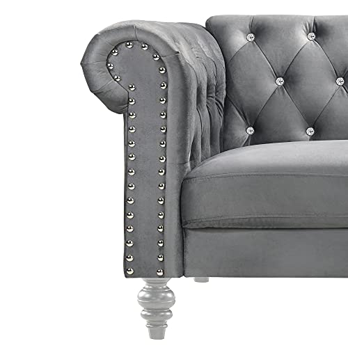 New Classic Furniture Glam Emma Velvet Three Seater Chesterfield Style Sofa for Small Spaces with Crystal Button Tufts, Gray
