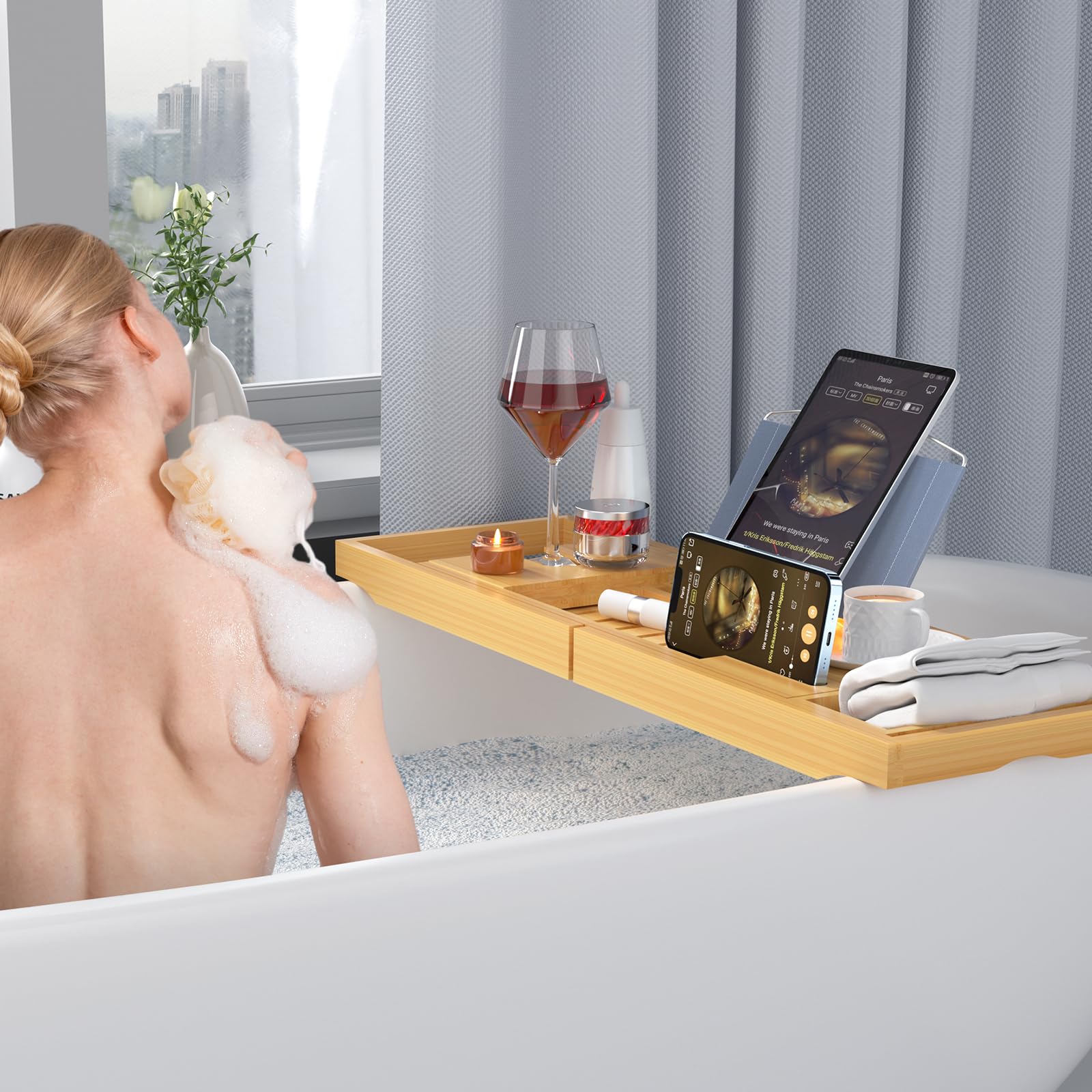 Sen Yi Bao Luxury Bathtub Caddy Tray,Bamboo Bathtub Tray Caddy - Wood Bath Tray Expandable,Can be Placed Book and Integrated Tablet Smartphone and Wine Holder - Gift Idea for Loved Ones