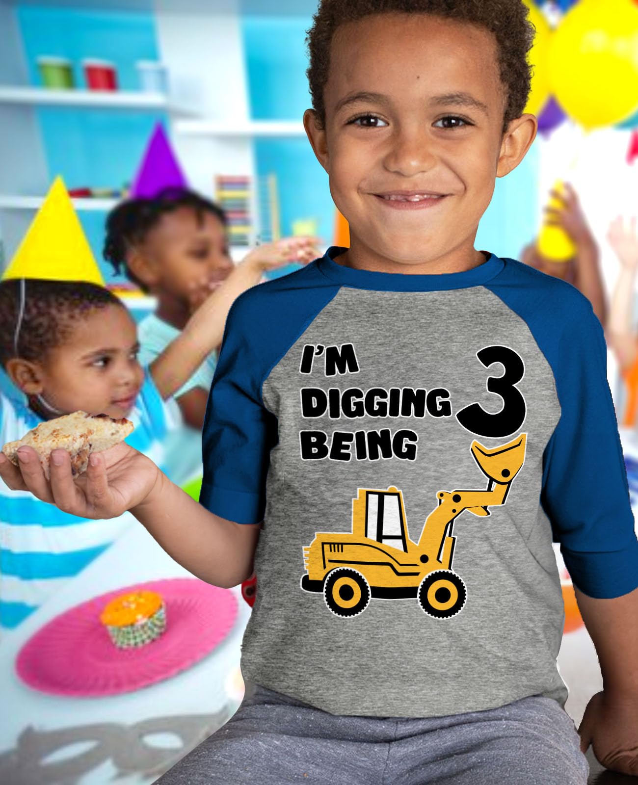 I'm Digging Being 3 3rd Birthday Shirt Boy Construction Kids Raglan T-Shirt Blue 3T