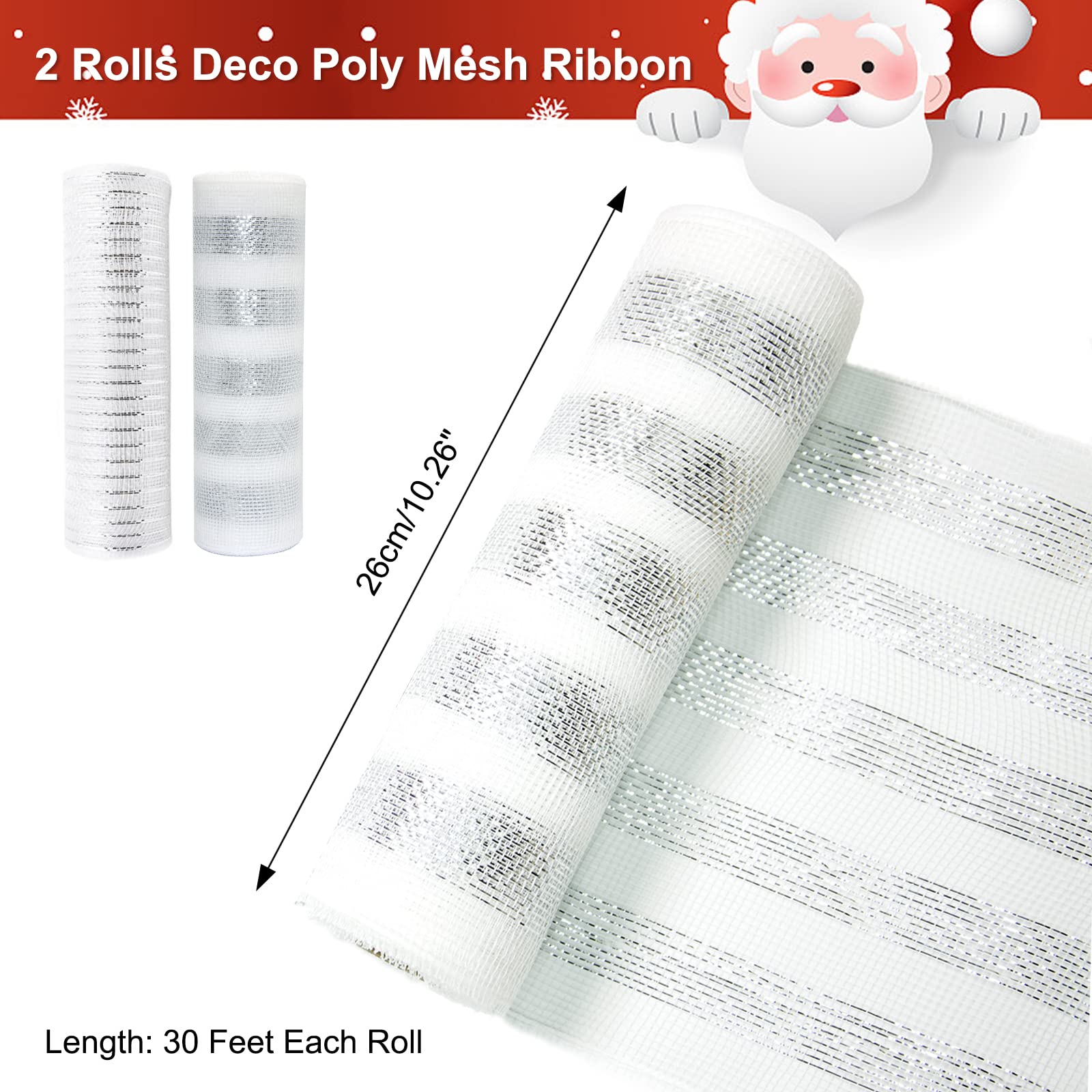 2 Rolls Christmas Deco Mesh, 10 Yards Silver & White Metallic Poly Mesh Ribbon Rolls for Wreaths, Mesh Ribbon for Christmas Tree, Wreath,Garland Home Decor