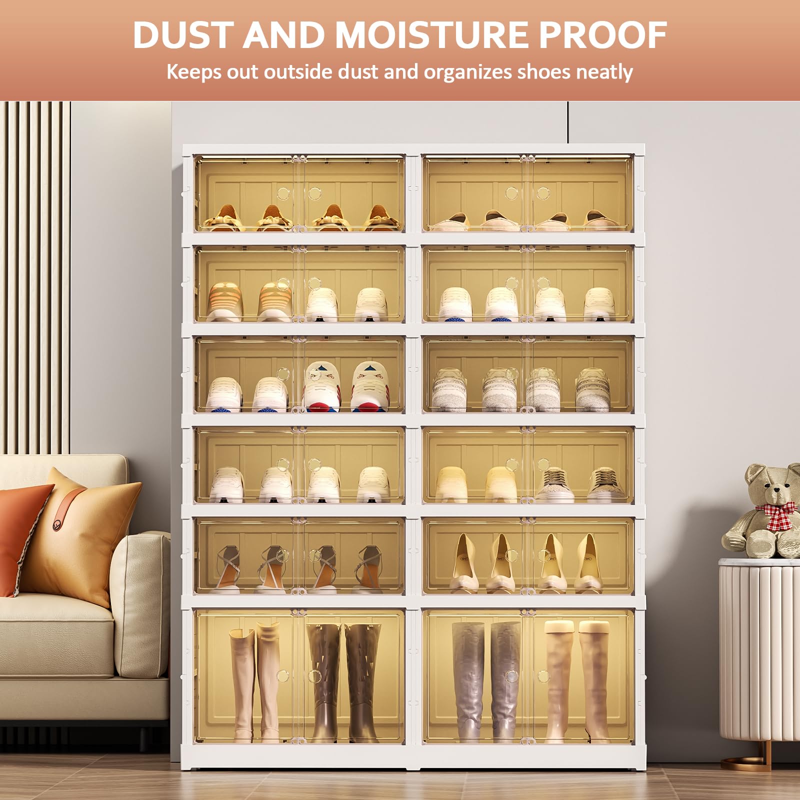 SYNCVIBE Portable Shoe Rack Organizer 6 Tier 24 Pairs Foldable Shoe Box with Doors, Large Folding Cabinet Bins.Stackable Plastic Shoe Box, Storage Shoe Cabinet for Hallway, Living Room, Closet