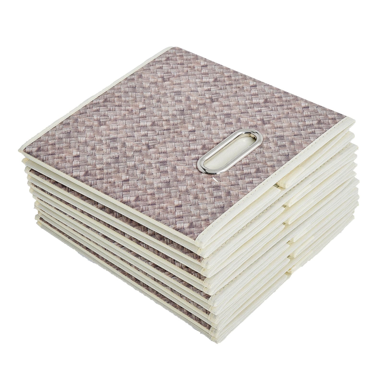 SHACO 6 Pack Beige Woven Pattern Foldable Storage Cubes Bins,10.5"x10.5" Fabric Storage Bins with Double Metal Handles,Set of 6 Closet Organizers for Shelves Cabinet Bookcase