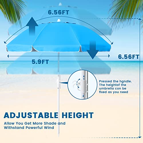 Beach Umbrella - 6.56FT Arc Length, 5.9FT Diameter Portable Beach Umbrellas for Sand Heavy Duty Wind with Air Vents, Adjustable Tilting Pole with 8 Ribs UV 50+ and Carry Bag