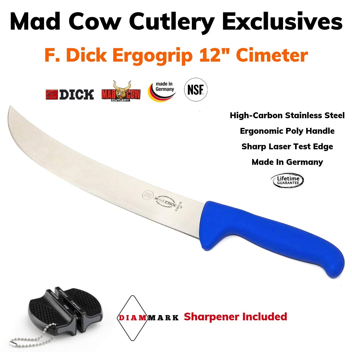 F. Dick Ergogrip 12 Inch Cimeter With Diammark Dual Action Knife Sharpener - High-Carbon Stainless Steel Blade - Ergo Handle - Professional Butcher Knife - Knife Made In Germany