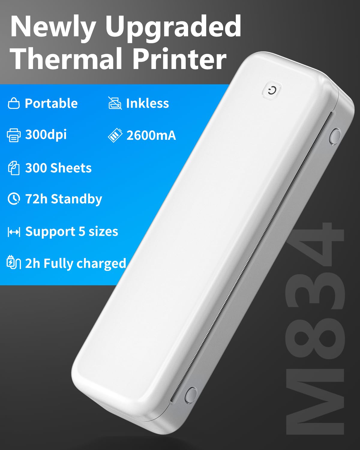 Itari M834 Upgraded Portable Printer, Bluetooth Thermal Printer, Wireless Inkless Printer Support 8.5" X 11" US Letter & A4 Thermal Paper for Office, Home, Travel, Compatible with Phone & PC, White