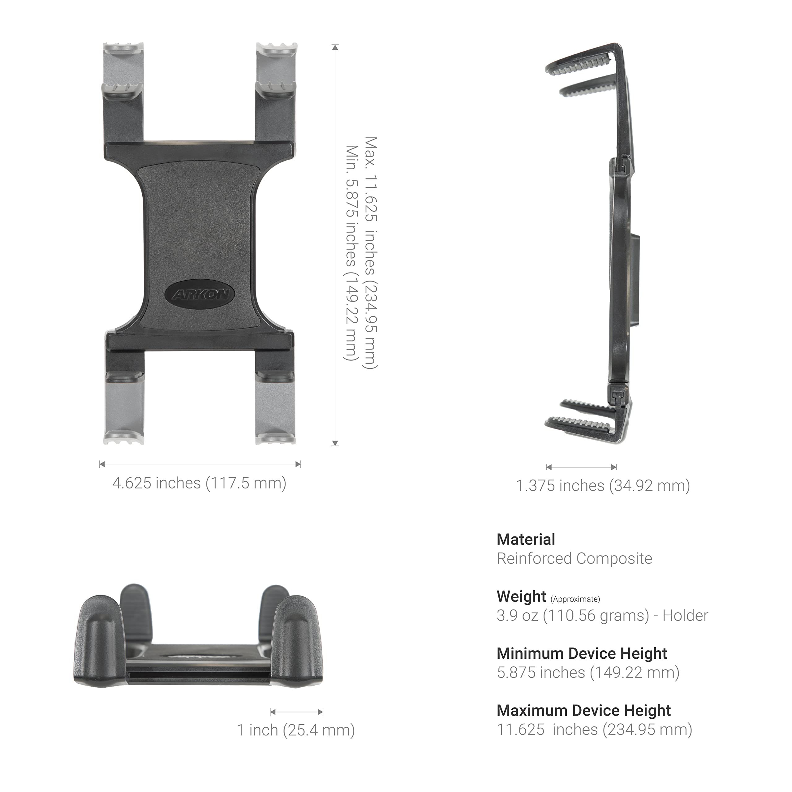 ARKON Mounts Slim-Grip Universal Tablet Holder | Grips Devices up to 18.4" in Screen Size | 4-Hole AMPS Pattern Compatible | Fits iPad, Samsung Tab, Google, Surface, and More | TAB001-AMPS