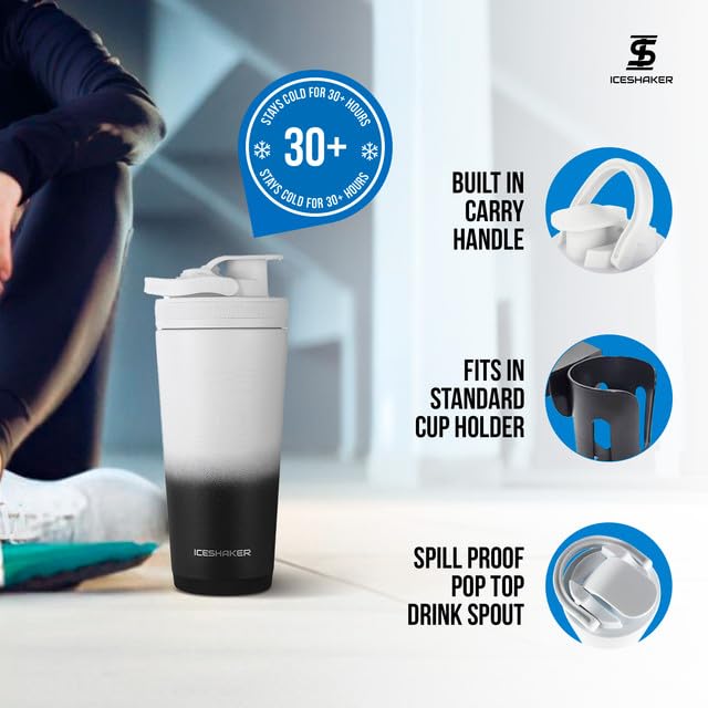 Ice Shaker Stainless Steel Shaker Bottle | 26oz, Black White Ombre | Stays Cold for 30+ Hours | Insulated Cup with Twist-on Agitator | Odor-Free Shaker Cup for Protein Shakes, Water, Smoothies