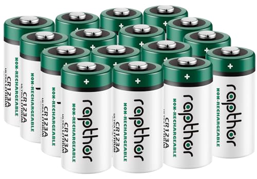 rapthor 1650mAh CR123A 3V Lithium Batteries 16 Pack CR123 High Power 123A CR17345Photo Battery PTC Protected for Cameras Flashlight Alarm Smart Sensors (Non-Rechargeable, Not for Arlo)