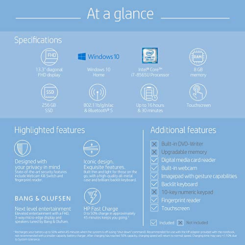 HP Envy 13” Thin Laptop W/ Fingerprint Reader, FHD Touchscreen, Intel Core i7-8565U, 8GB SDRAM, 256GB SSD, Windows 10 Home (13-aq0005nr, Natural Silver)