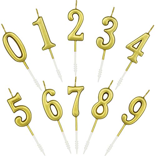 Beanlieve 10-Pieces Numeral Birthday Candles - Cake Numeral Candles Number 0-9 Glitter Cake Topper Decoration for Birthday,Wedding Anniversary,Party Celebration (Gold)
