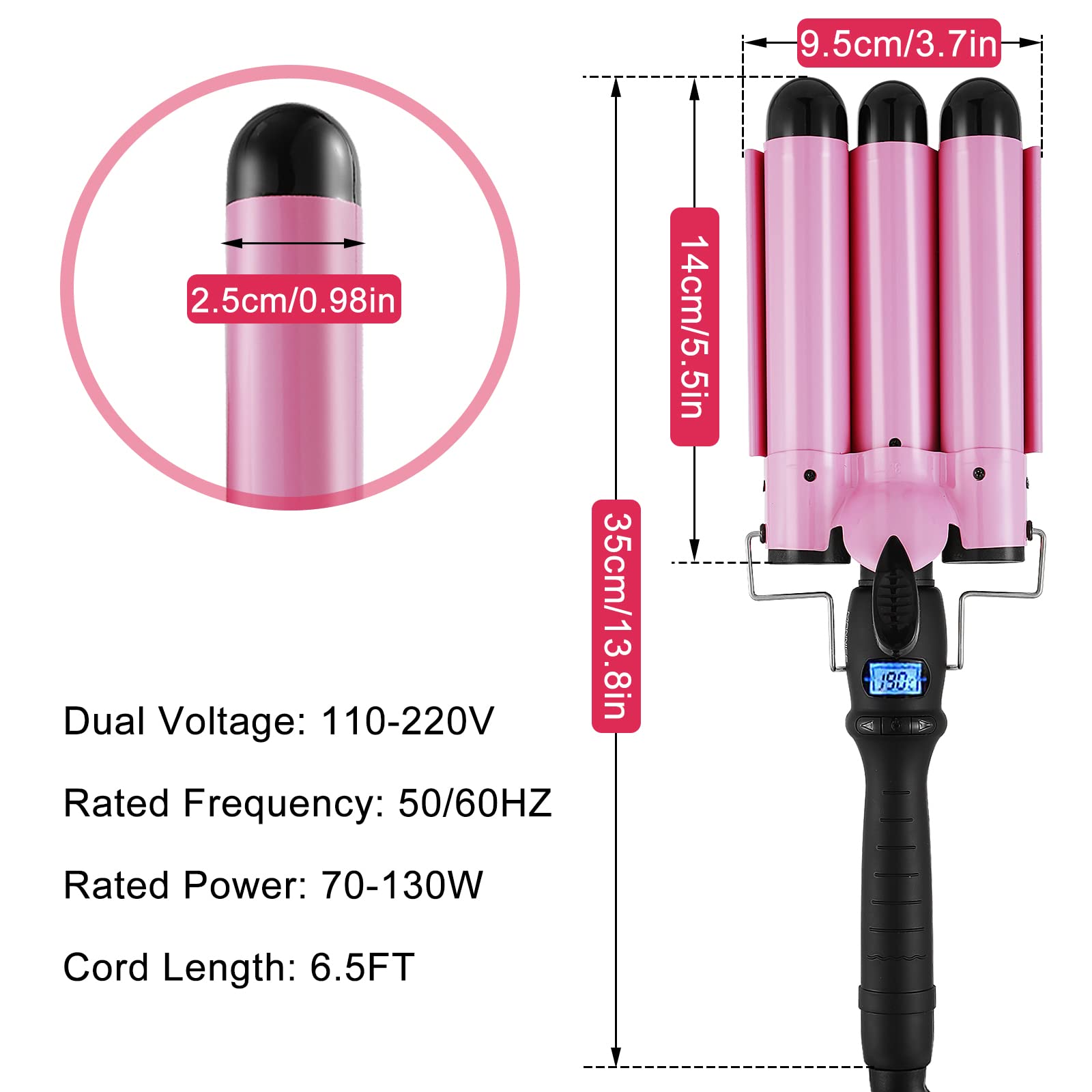 3 Barrel Curling Iron Wand Hair Crimper with Dual Voltage, 1 Inch Hair Waver Iron with LCD Temp Display, Ceramic Tourmaline Crimper Hair Iron, Hair Curler Temperature Adjustable