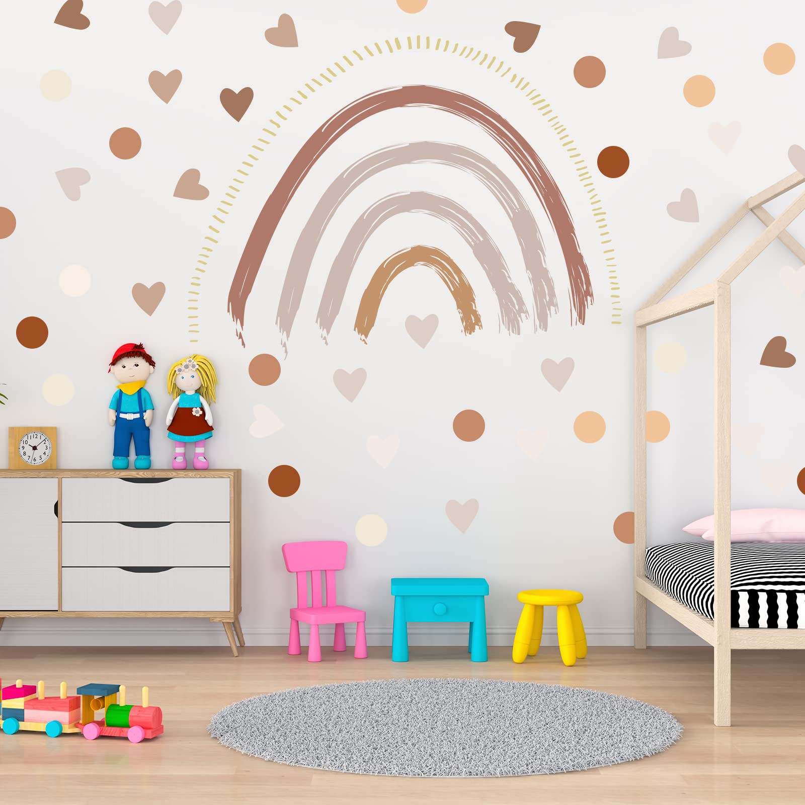 39.3 X 45.67 Inch Large Boho Rainbow Wall Decals Boho Polka Dots Wall Decals Circle Dot Wall Stickers Peel and Stick, Self Adhesive Boho Hearts Wall Sticker for Girls Bedroom Decor, Kids Nursery Room Playroom (Boho Rainbow + Polka Dots + Heart)