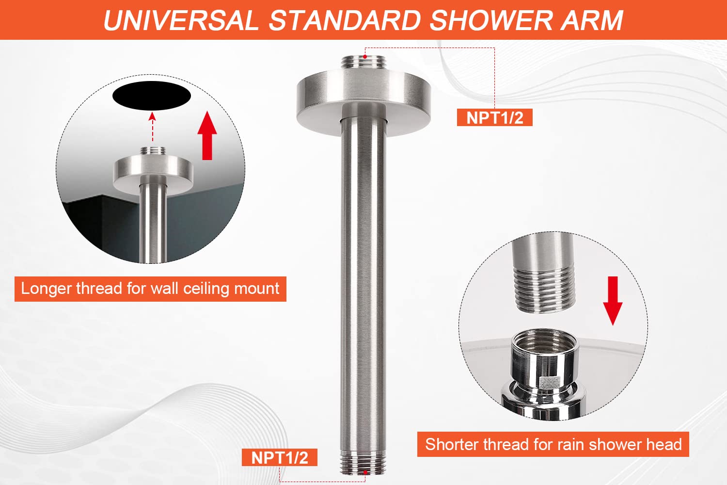 HarJue Ceiling Mounted Shower Arm, Rain Shower Head Extension Arm with Flange and Teflon Tape Stainless Steel Ceiling Mount Shower Extender for Fixed Shower Head (6 Inch, Brushed Nickel)