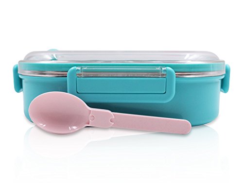 FINEX Frozen Blue Bento Box Container Set with Clear Lid & Spoon - Princess Elsa Anna Olaf Snowman
