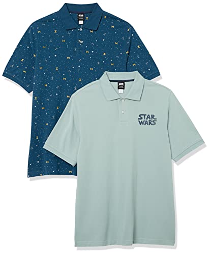 Amazon Essentials Disney | Marvel | Star Wars Men's Regular-Fit Cotton Pique Polo Shirt, Pack of 2, Star Wars Logo Ships, Medium