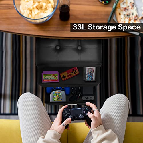 AmasSmileĀ® Folding Storage Ottoman Foot Rest Stool with Drawers, 16 inch Leather Footstool Bench, Short Ottoman Bench, Storage Foot Rest Store, Books,Records Support 300 lbs, Black