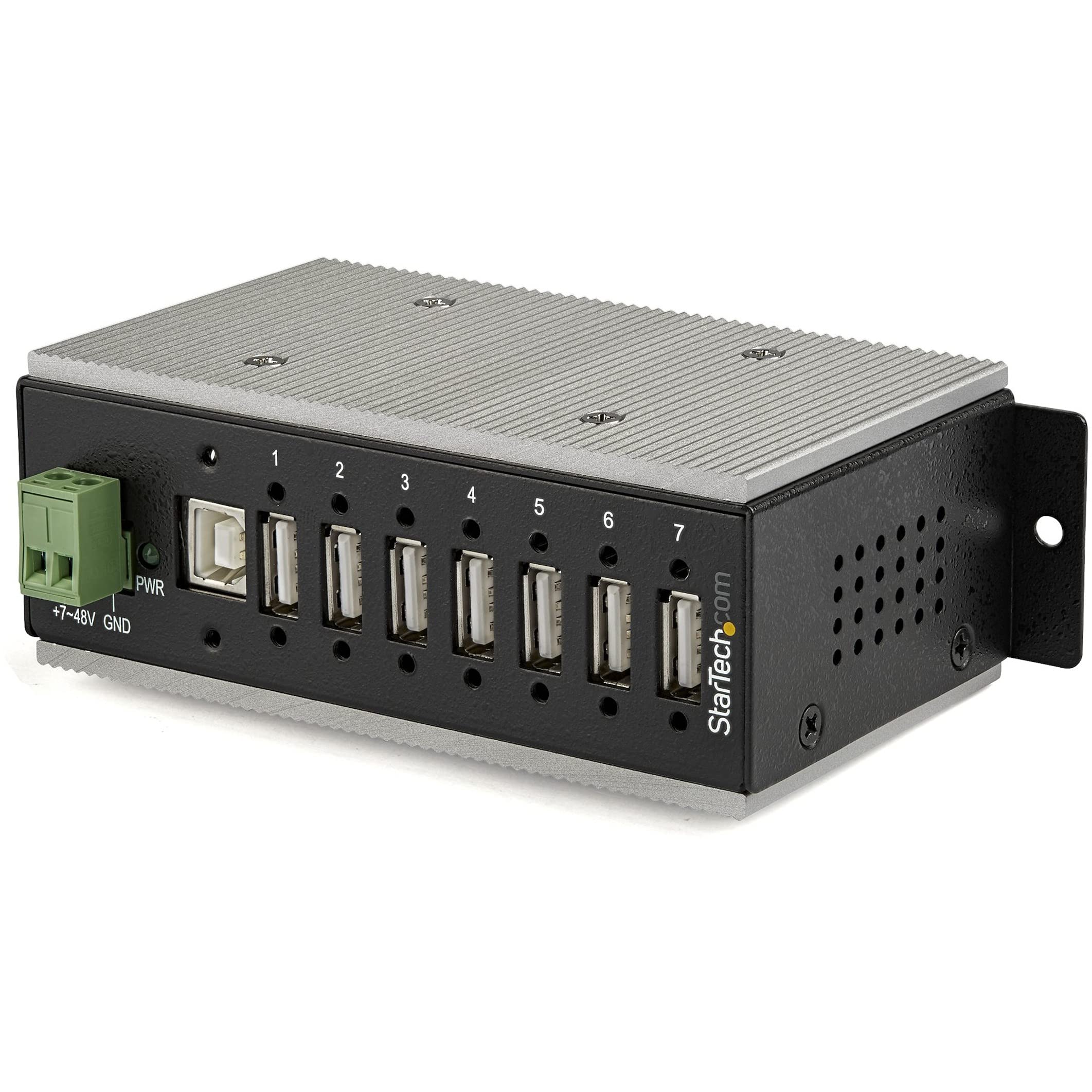 StarTech.com 7-Port USB 2.0 Hub - Metal Industrial USB-A Hub with ESD & 350W Surge Protection - Extended Operating Temp -40 to 185°F - Din Rail/Wall/Desk Mountable - USB Expander Hub, TAA