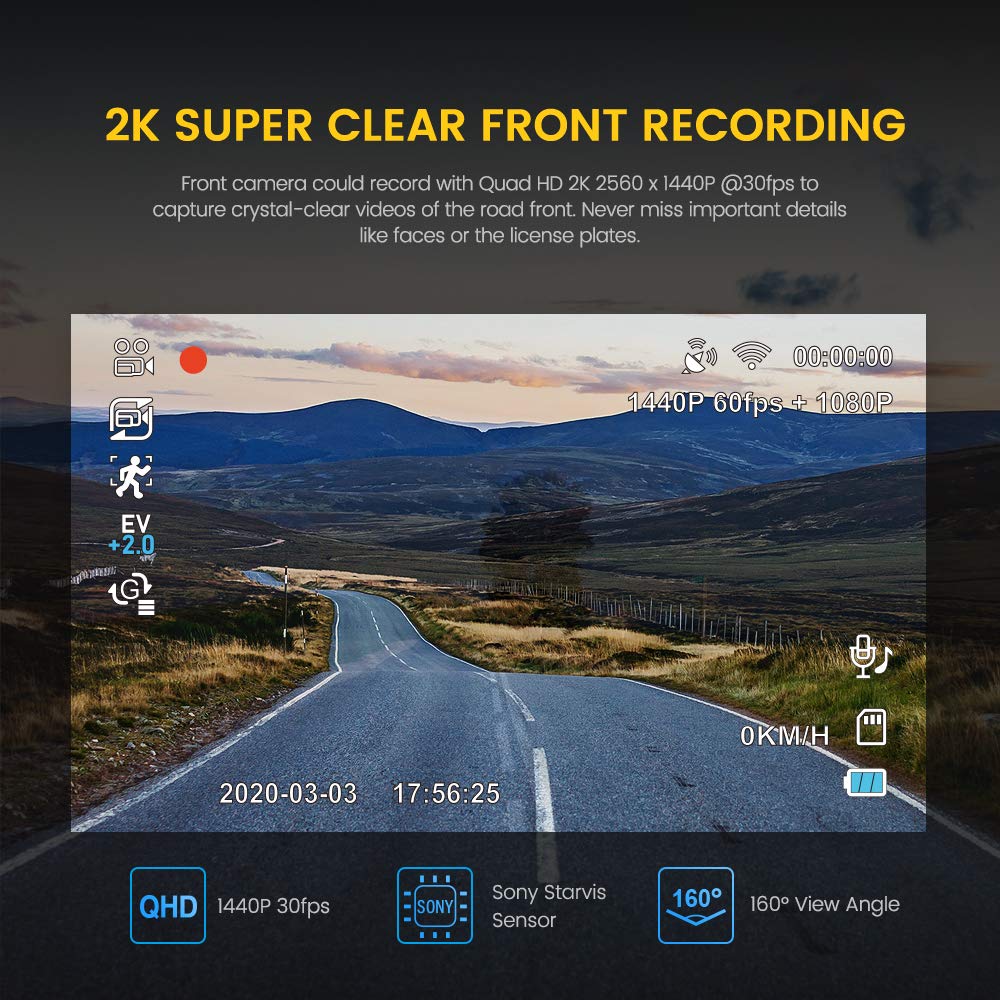3 Channel Dash Cam, Zenfox 2K 1440P Front+1080P Interior+1080P Rear Triple Dash Camera, Dual-Band WiFi, IR Night Vision, Built-in GPS, Parking Mode, Motion Detection, G-Sensor, Support 256GB Card