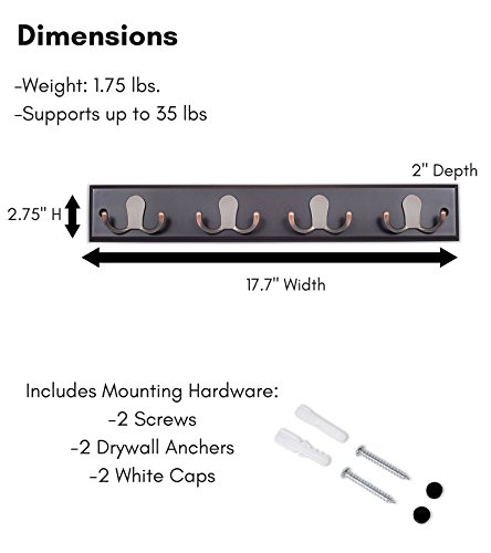 BirdRock Home Dual Hook Coat and Hat Rack - 4 Dual Hooks - 17 Inches - Wall Mount - Decorative Home Storage - Entryway Foyer Hallway Bathroom Bedroom Rail - Oil Rubbed Bronze Hooks - Dark Brown Pine B