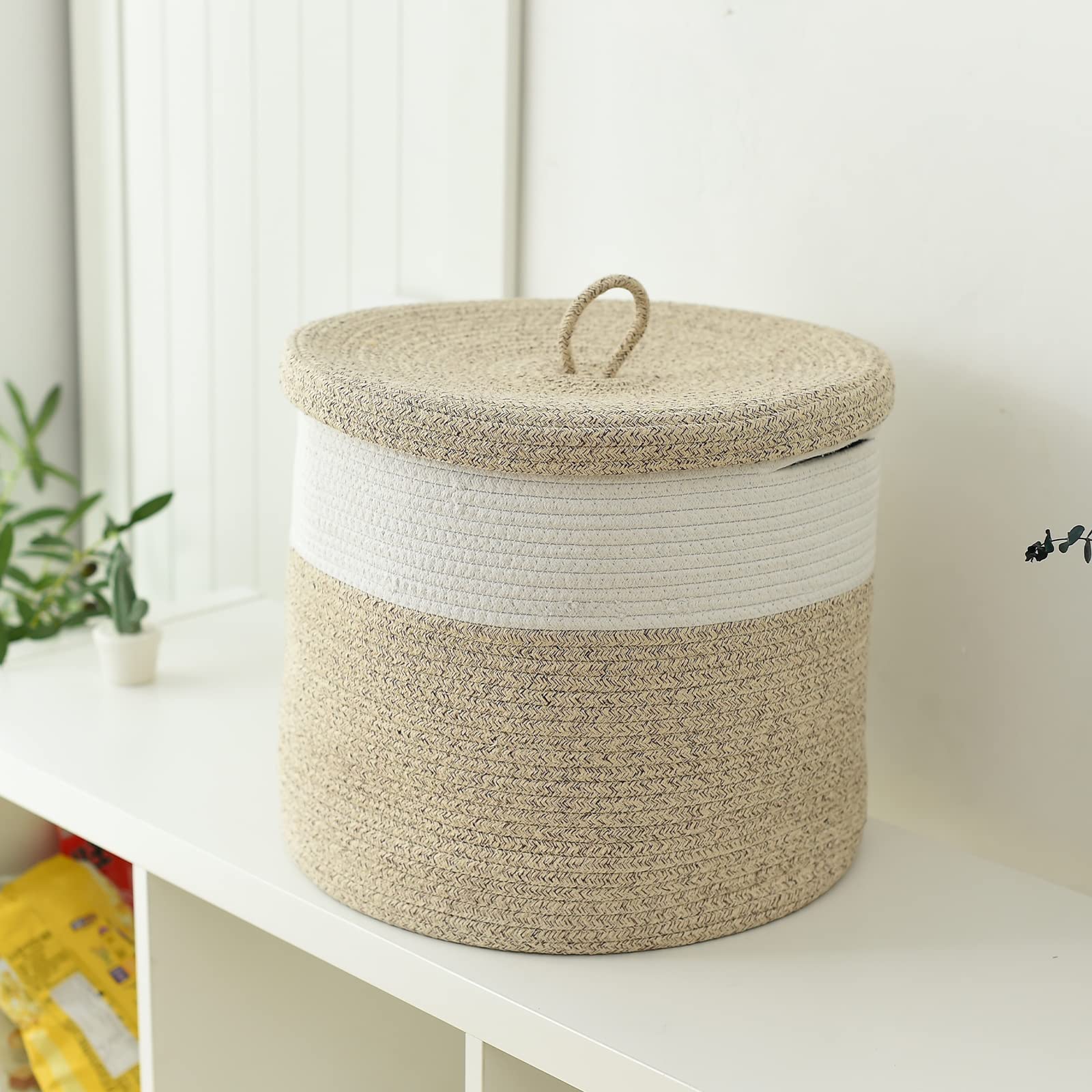 Tegance Blanket Basket with Lid, 16"D x 14"H Large Woven Rope Basket Laundry Basket Baby Toy Storage Basket Hamper Decorative Nursery Bin for Living Room Bedroom with Handles (Brown&White)