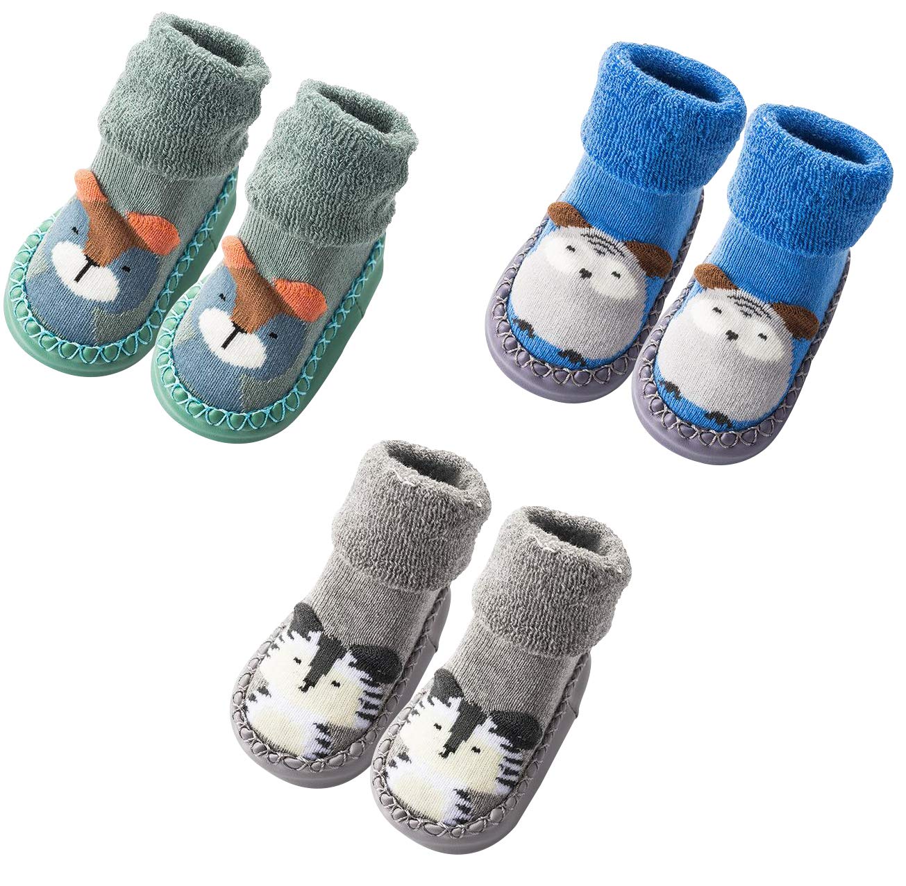Infant Baby Boy Girls Toddlers Moccasins Non-Skid Indoor Slipper Shoes Socks Booties with Grips (12-18 Months, Grey Blue Green)